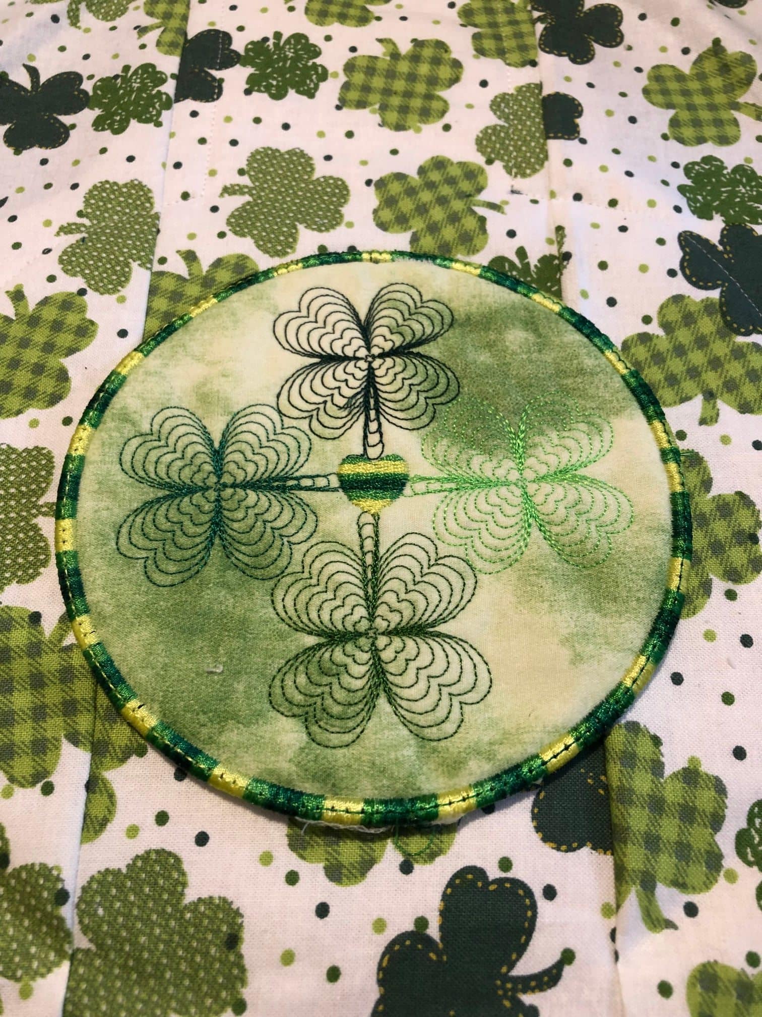 Lucky Clover embroidered mug rug